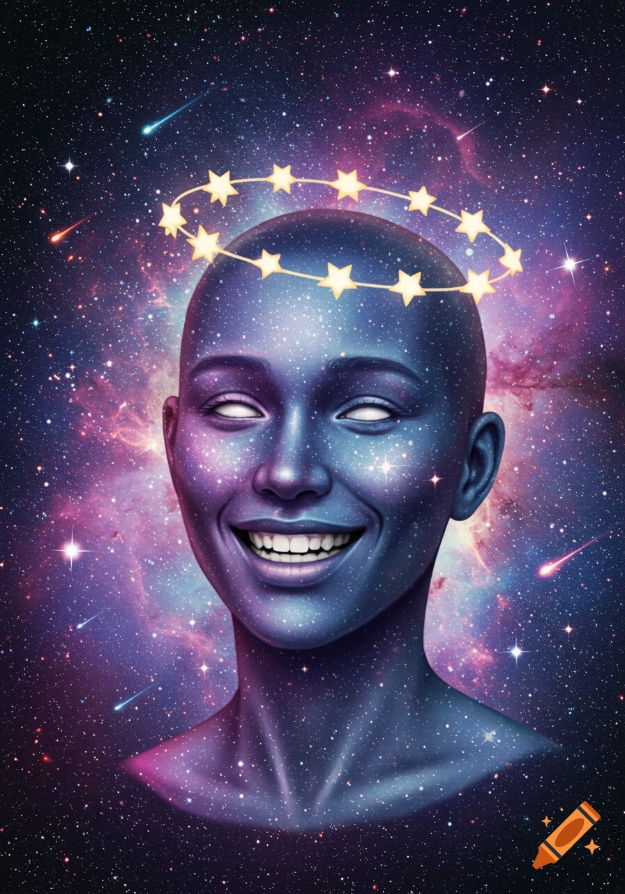 A bald, smiling face with starry cosmic skin, glowing white eyes, and a ...