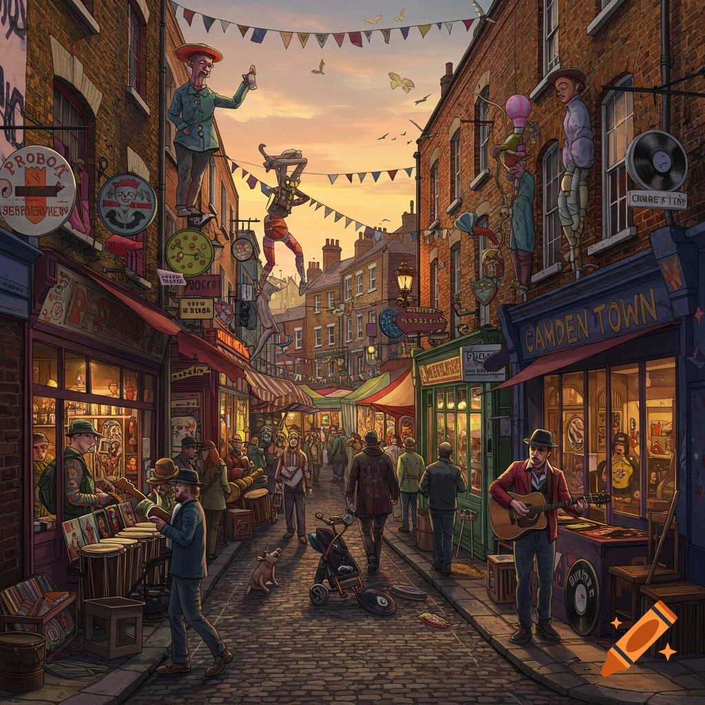 An illustrated view of a bustling Camden Town street market at sunset ...
