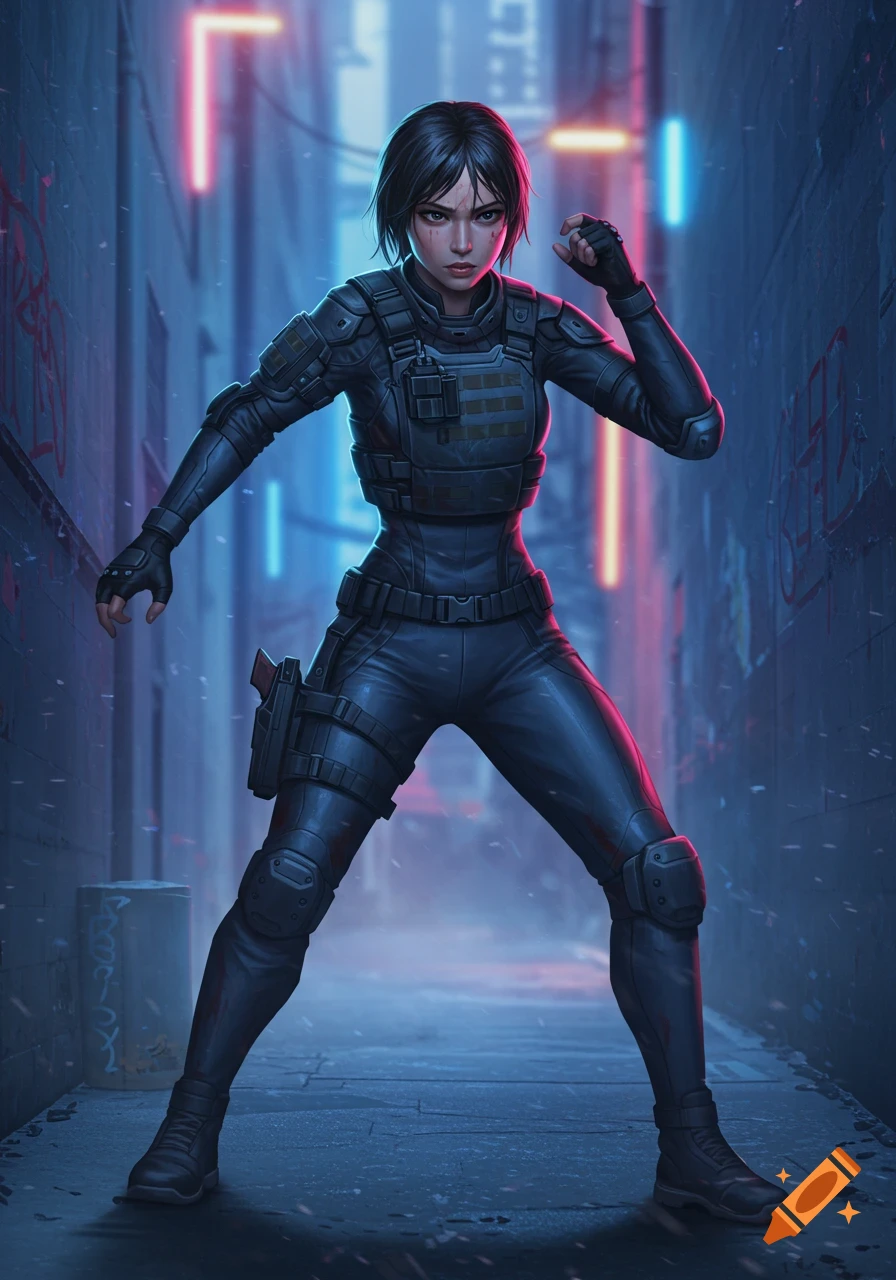 A dark-haired female fighter in tactical gear poses in a neon-lit ...