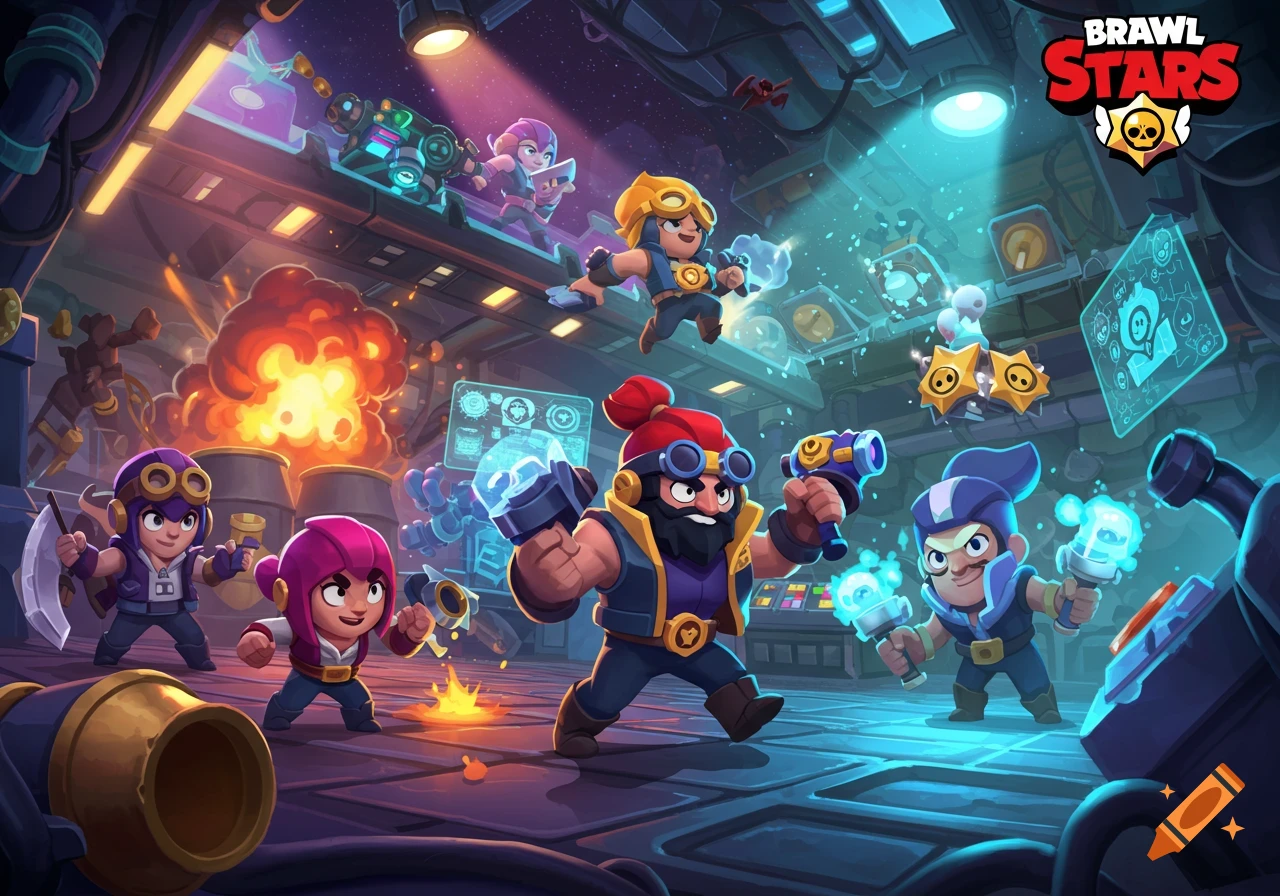 Cartoon characters from Brawl Stars in an action scene inside a space ...