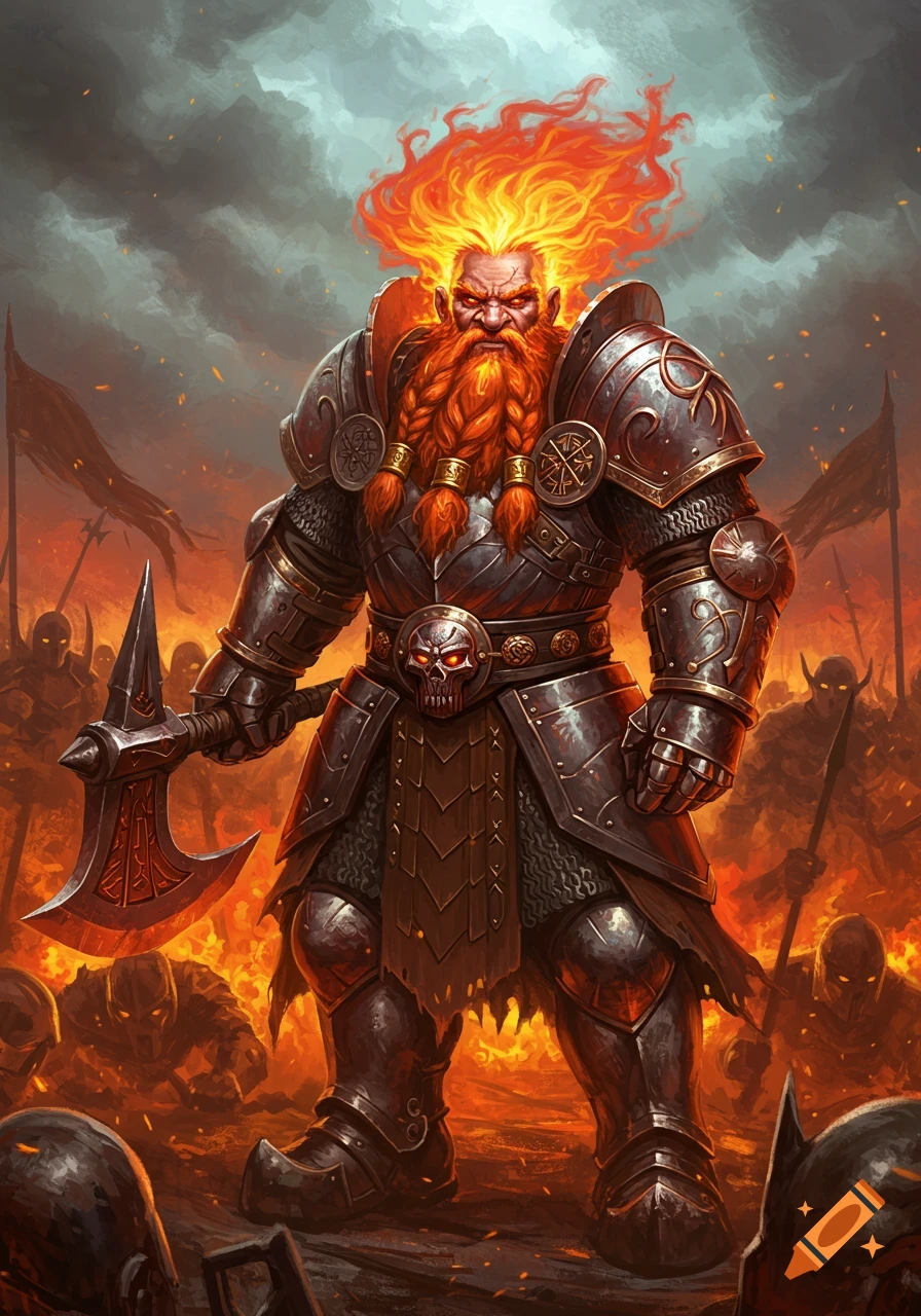 A heavily armored fantasy dwarf warrior with a flaming beard and hair ...
