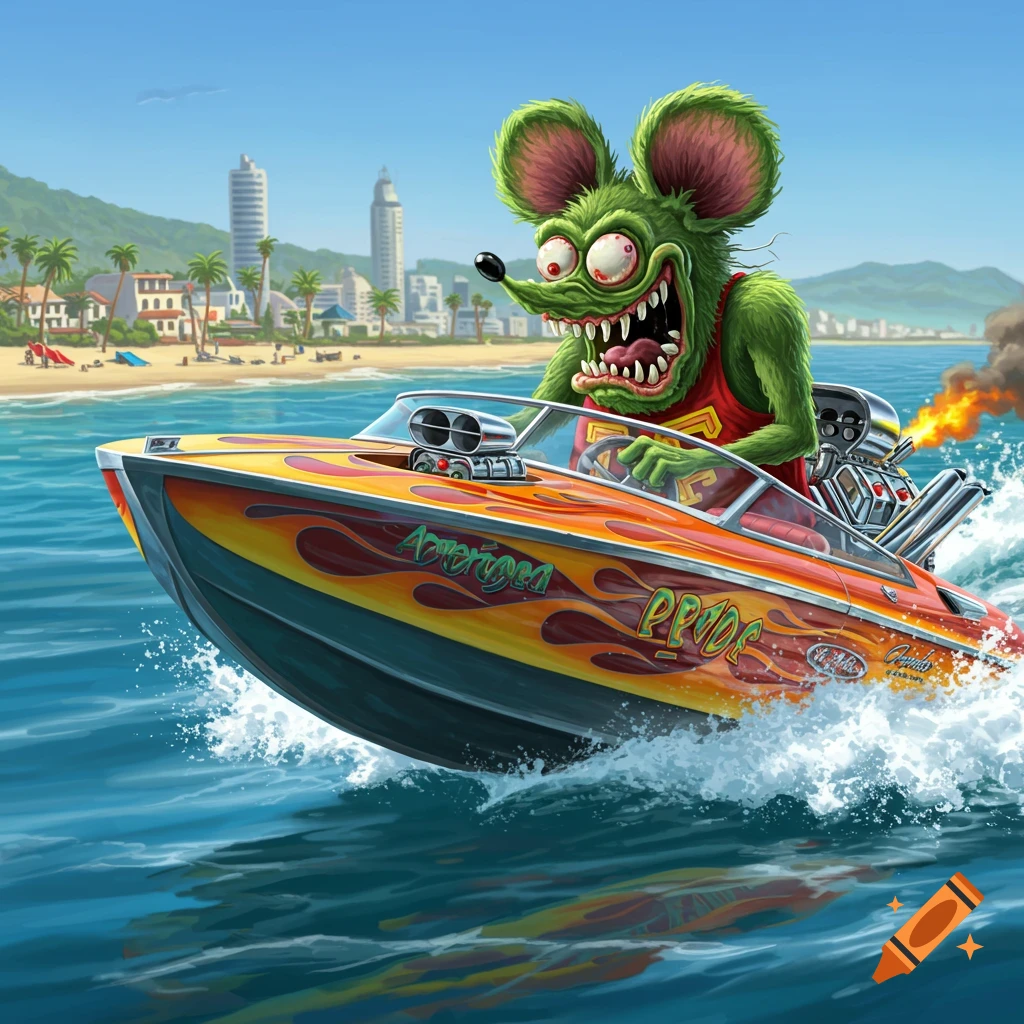 A vibrant cartoon shows a green, monstrous Rat Fink creature with large ...
