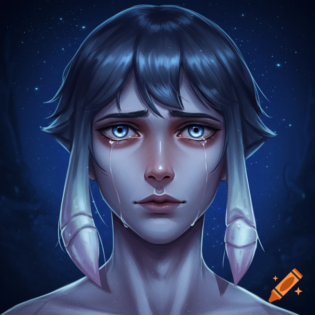 Anime portrait of a crying, blue-skinned character with dark hair and ...