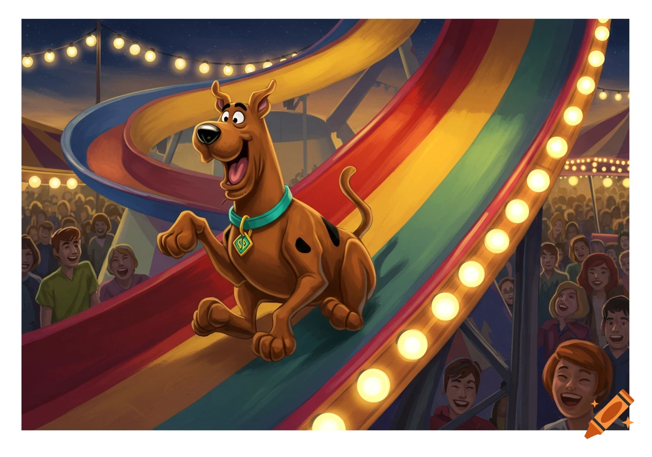 Cartoon Scooby Doo joyfully sliding down a colorful helter skelter at a ...