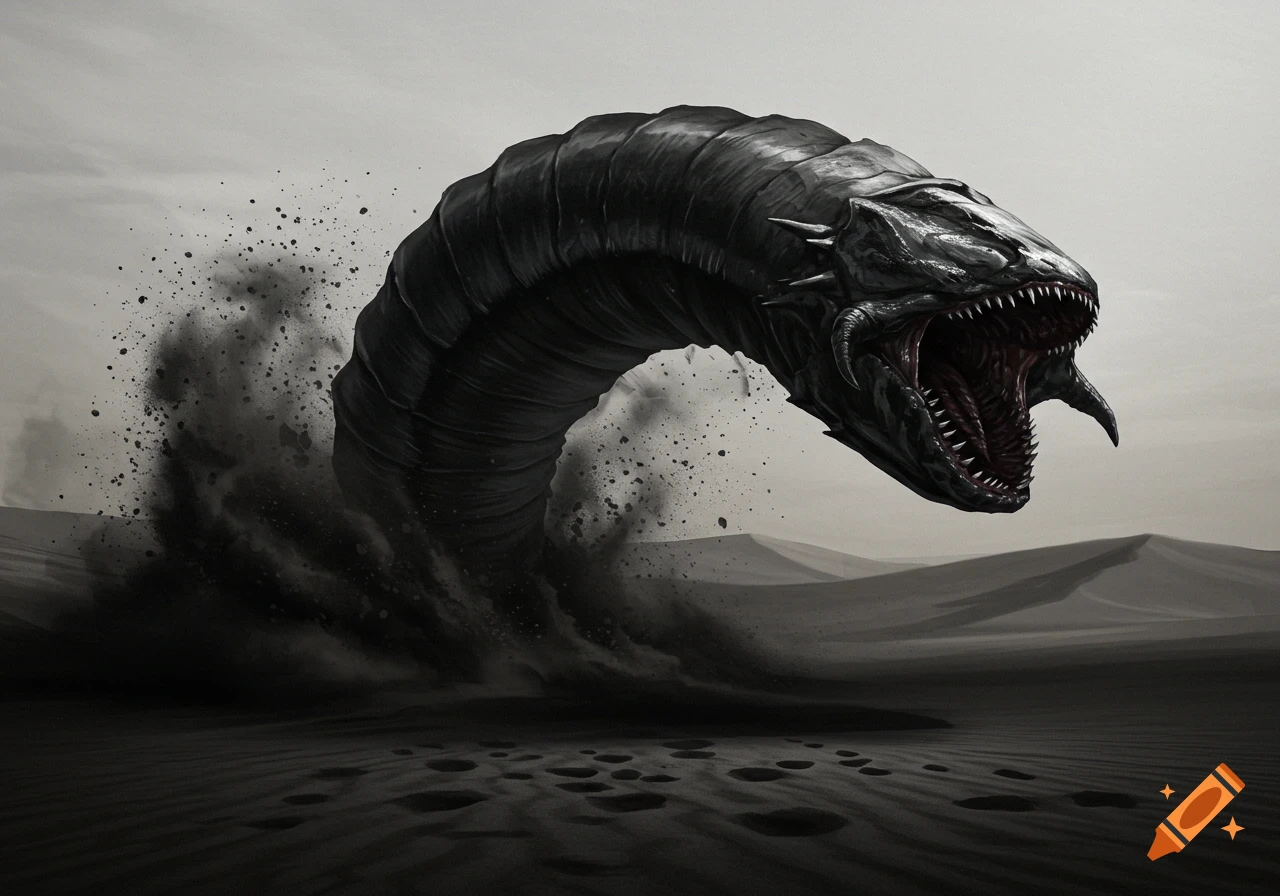 A giant, dark, segmented sand worm with a gaping mouth full of sharp ...