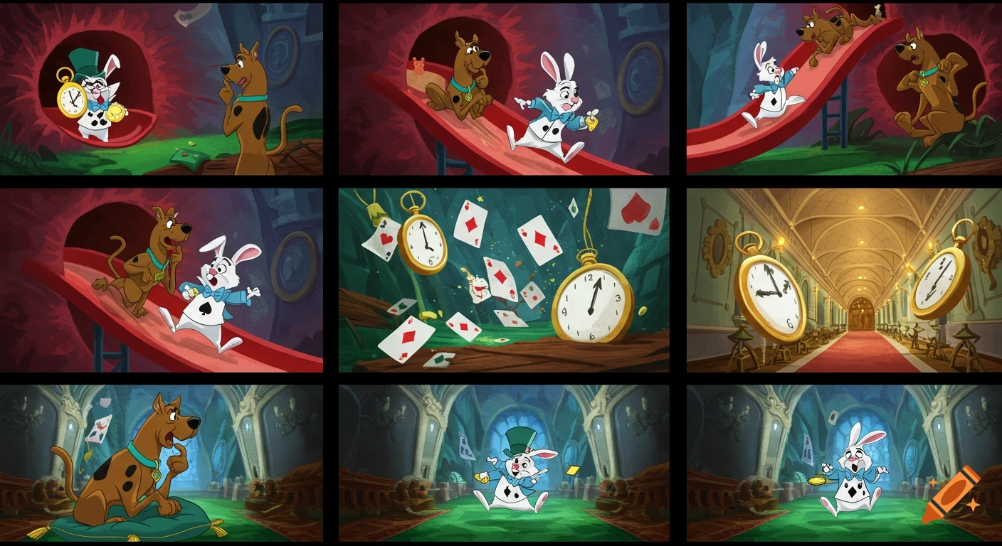 Nine cartoon panels show Scooby-Doo in an Alice in Wonderland setting ...