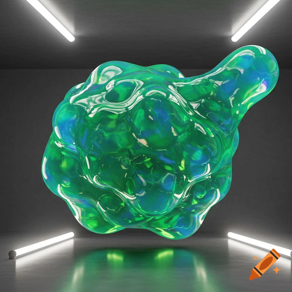 A vibrant green, iridescent, lumpy blob of goo floats in a dark room ...