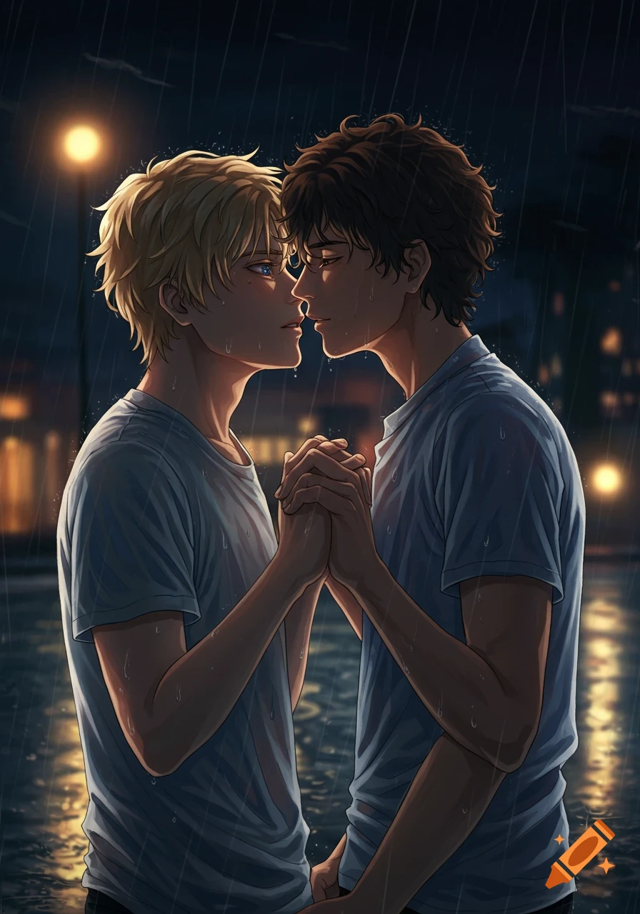 Two anime-style men, one blonde and one with dark curly hair, hold ...