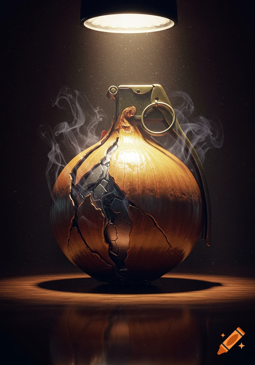 A dramatic, photorealistic image of an onion modified into a grenade ...