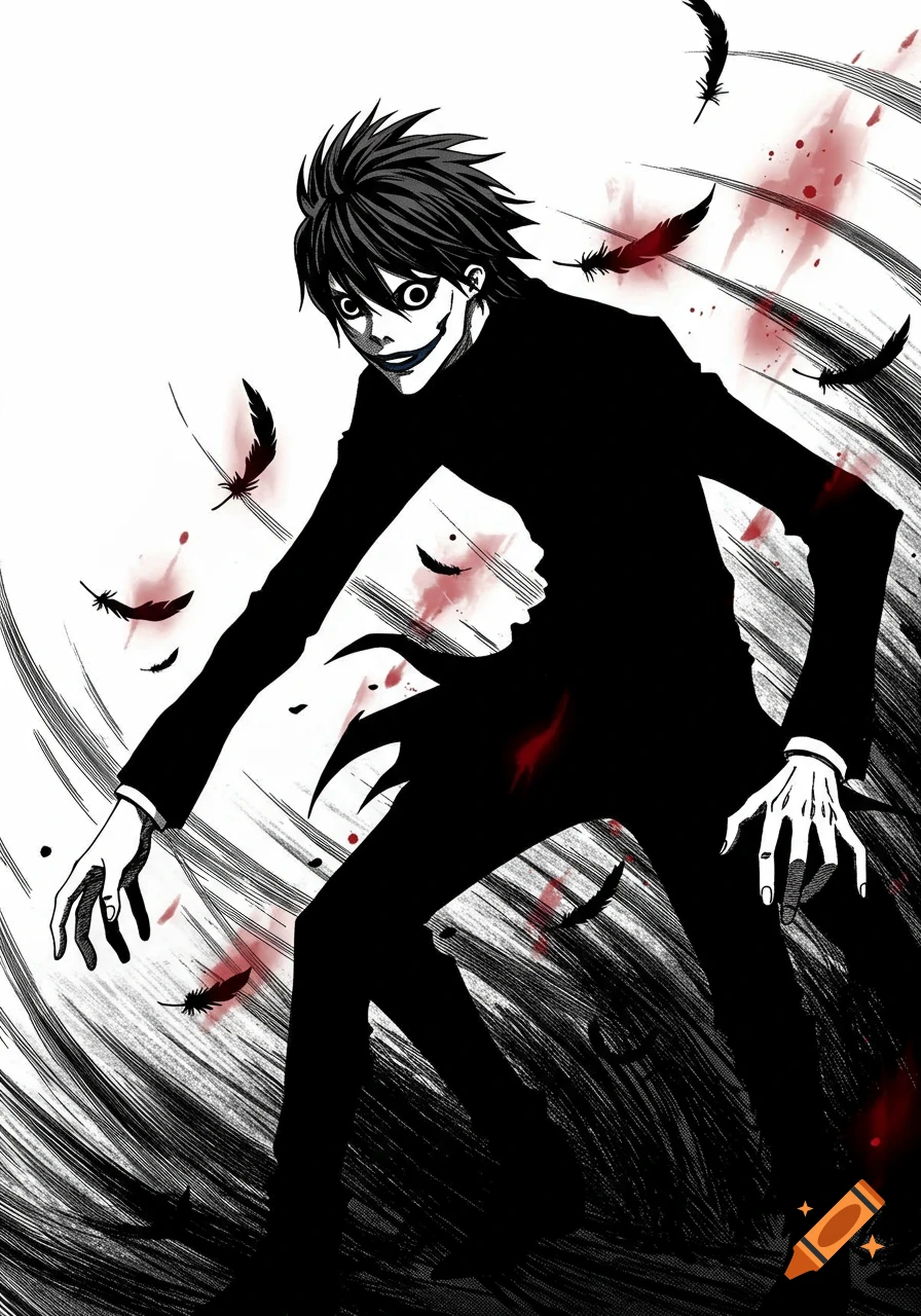 Manga illustration of a black-suited character with wild dark hair ...