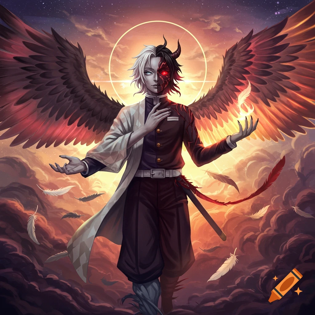 A fantasy character, half-angel, half-demon, with large dark wings, a ...