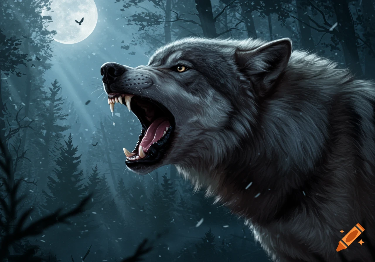 A powerful wolf with bared fangs howls at a full moon in a dark, snowy ...