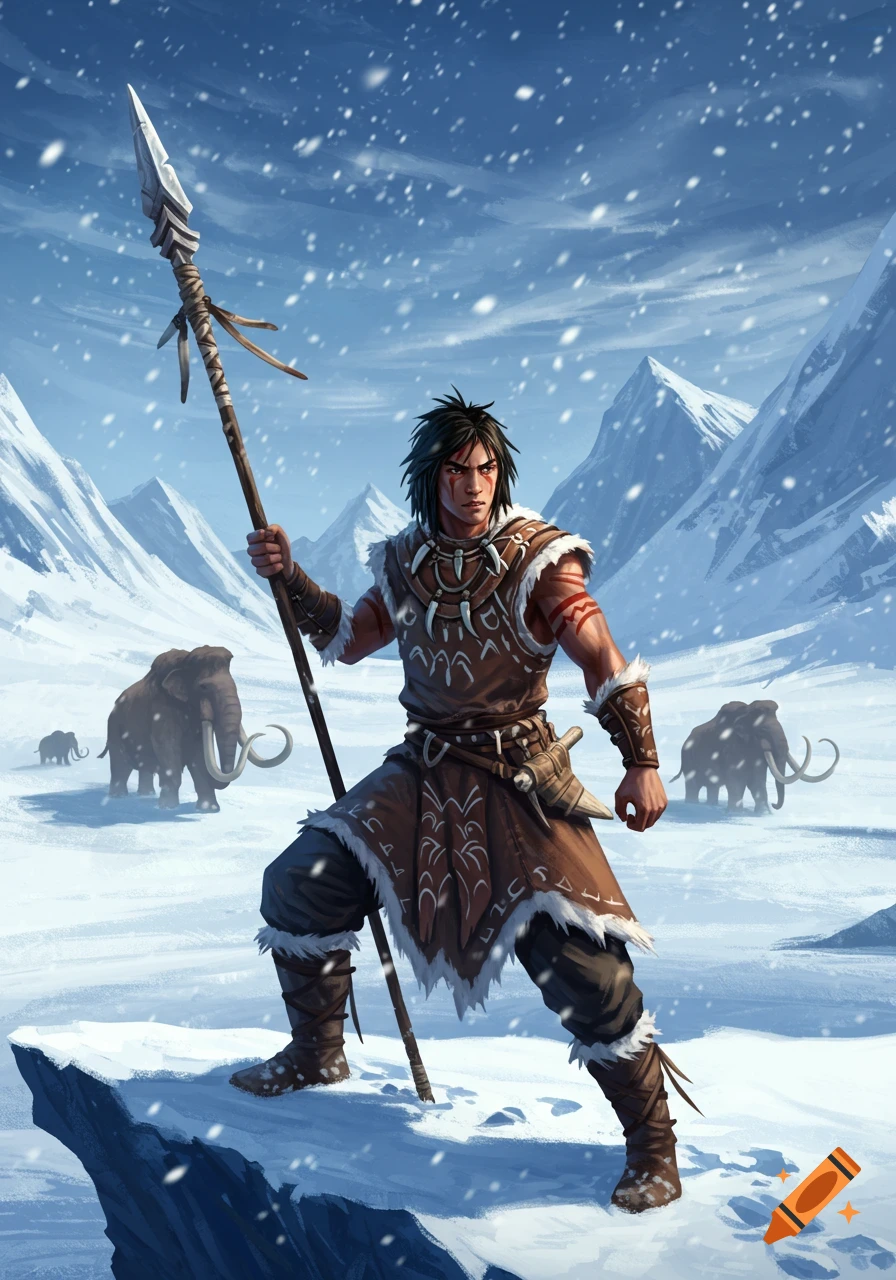 A young male fantasy hunter with a spear stands in a snowy mountain ...