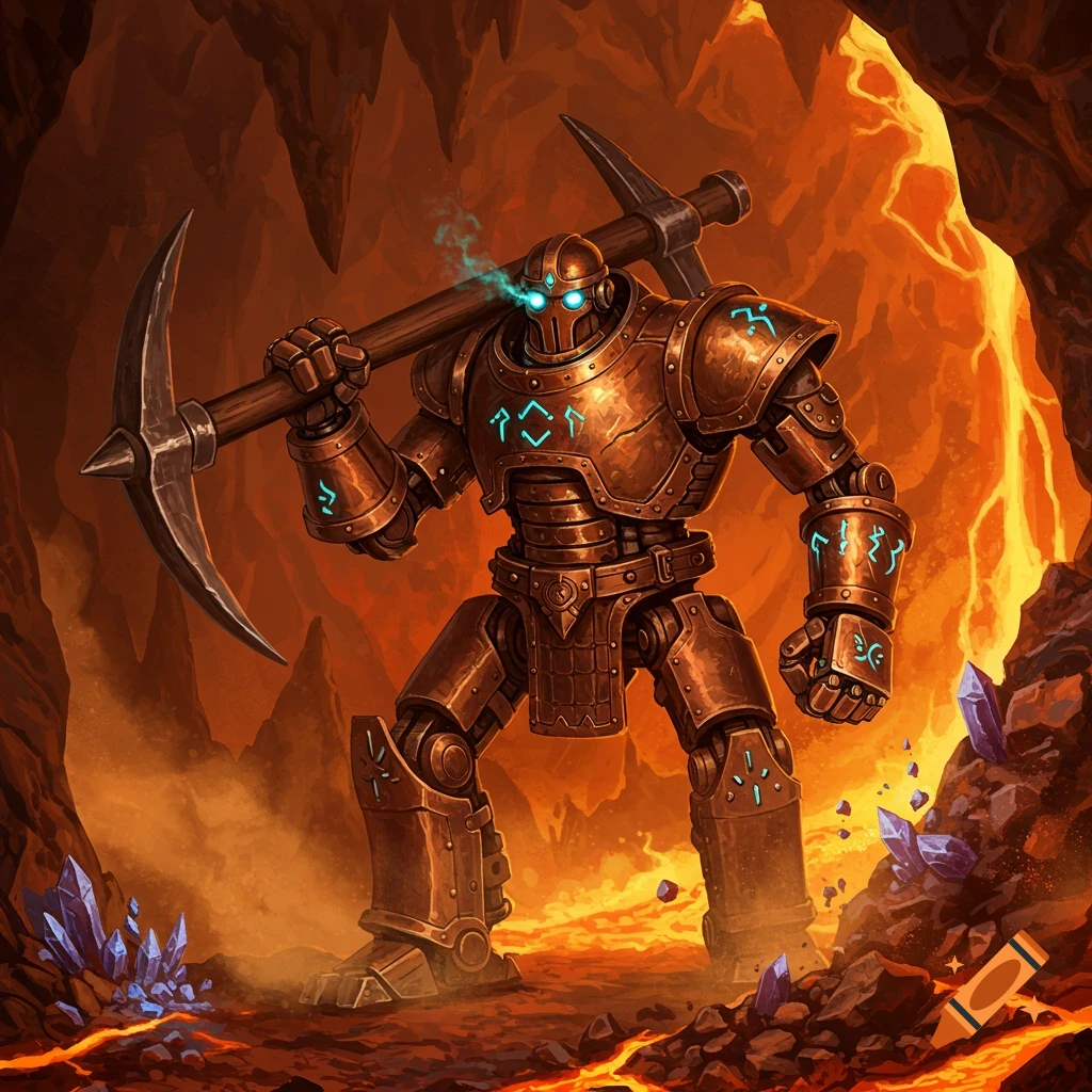A copper automaton mining robot with glowing blue eyes and runes holds ...