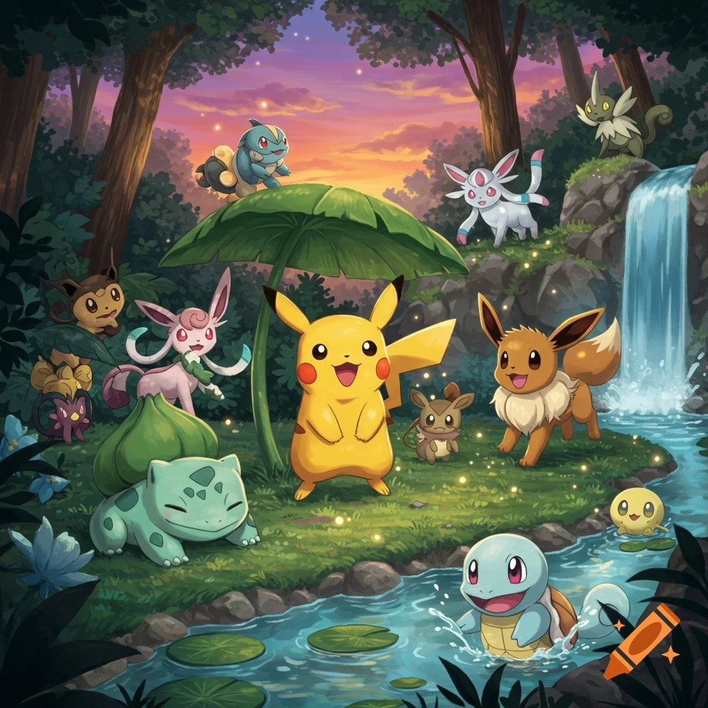 Many Pokémon, including Pikachu, Eevee, Squirtle, and Bulbasaur, gather ...