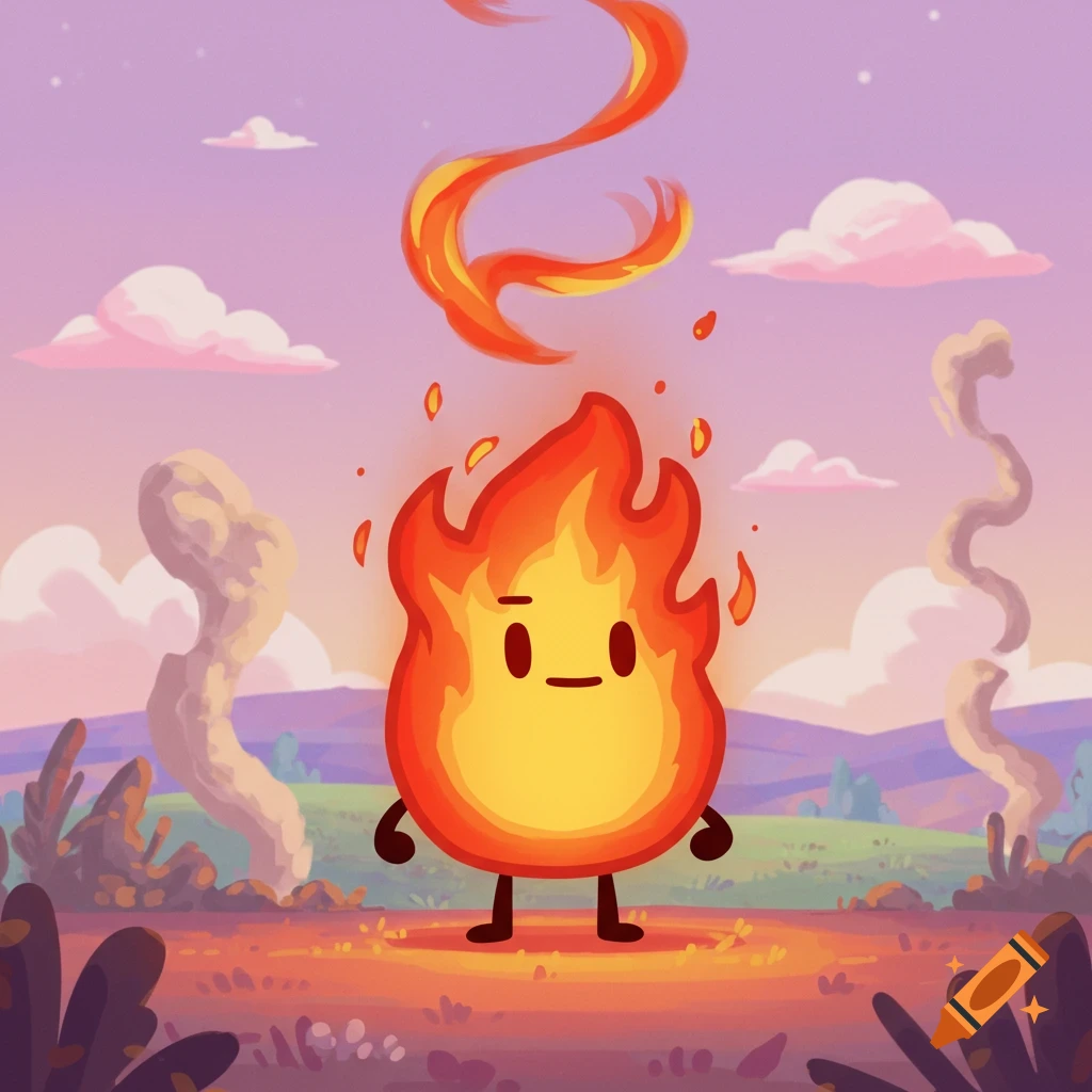 A cute, cartoon fire character stands in a colorful landscape under a ...