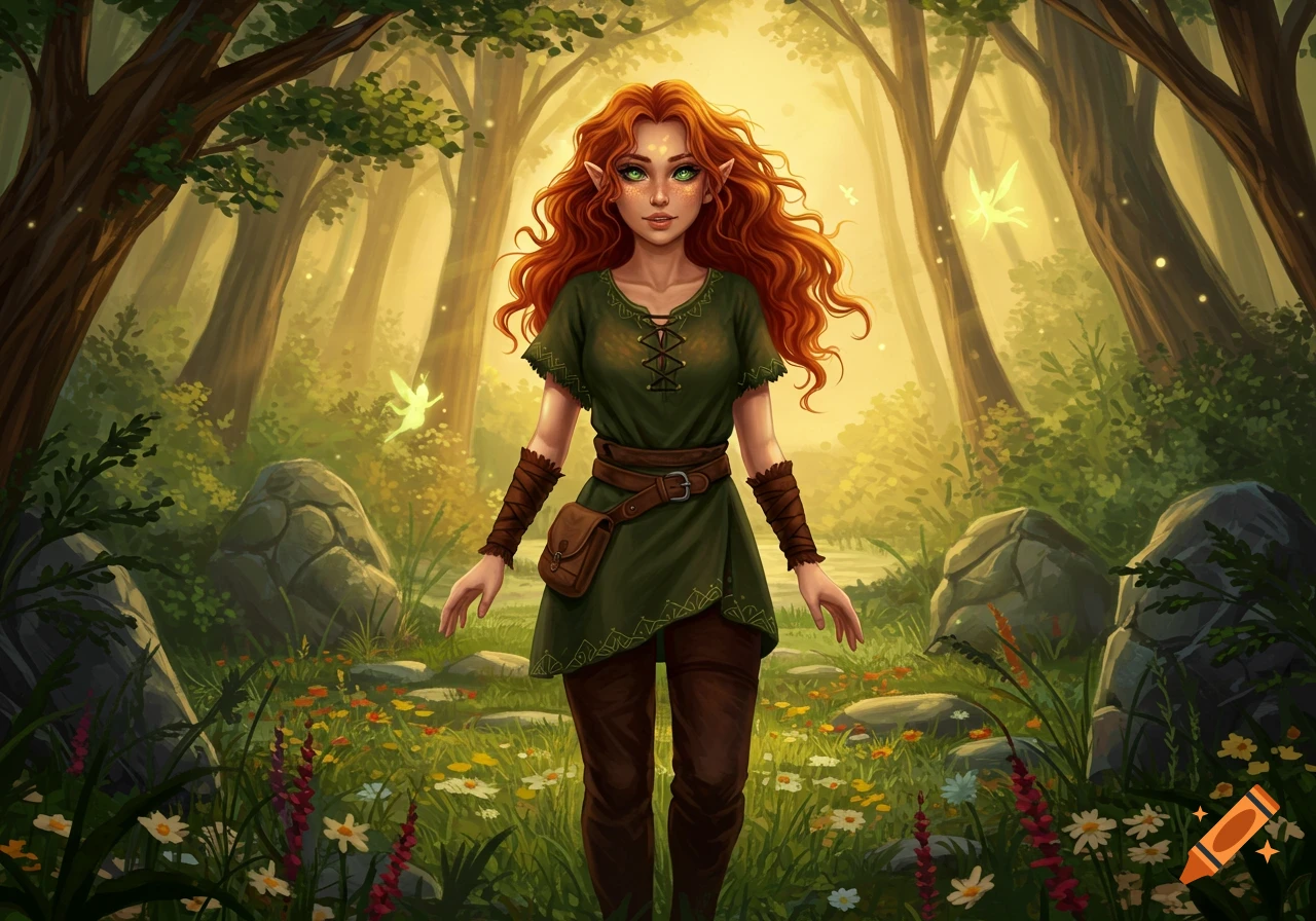 A red-haired elf woman in a green tunic and brown pants stands in a ...