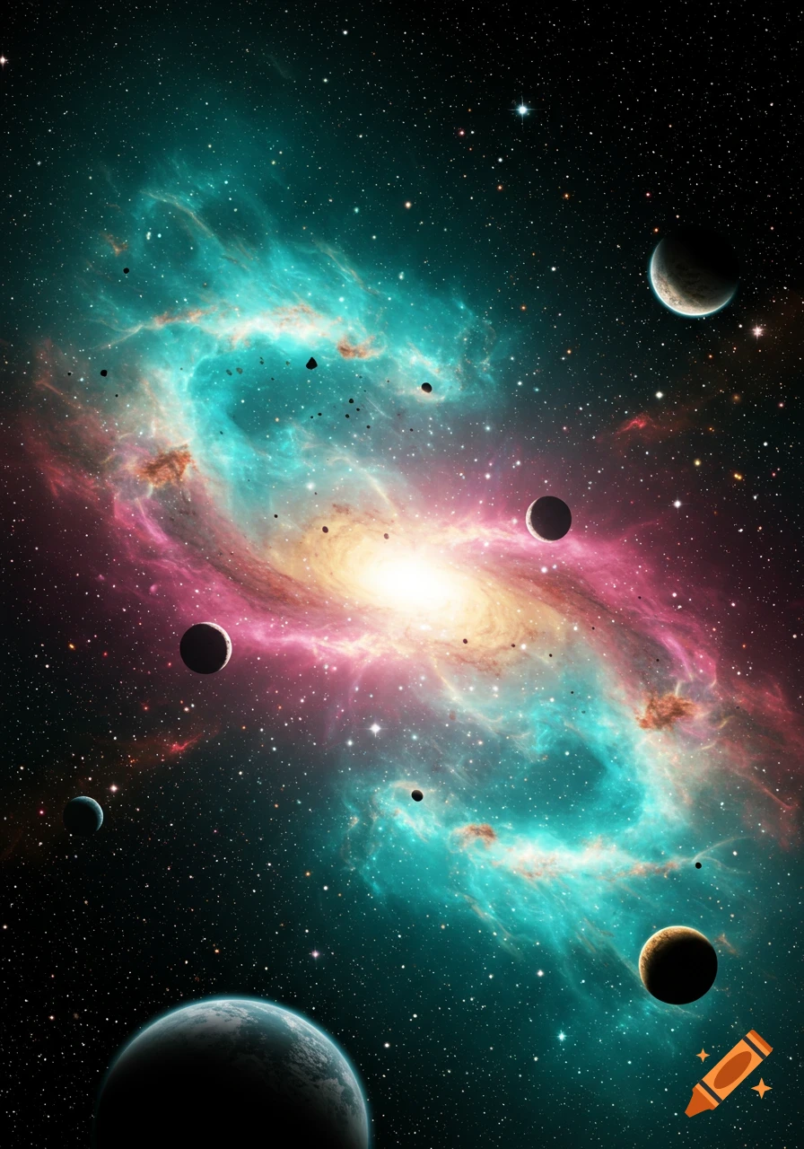 A vibrant, colorful nebula in space, with multiple planets and distant ...