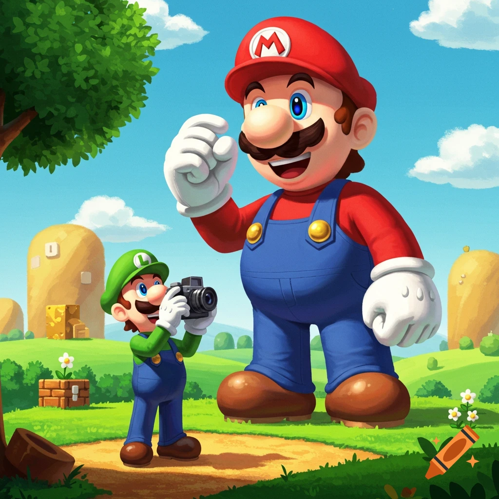 Giant Mario smiles as Luigi takes a photo with a camera in a vibrant ...
