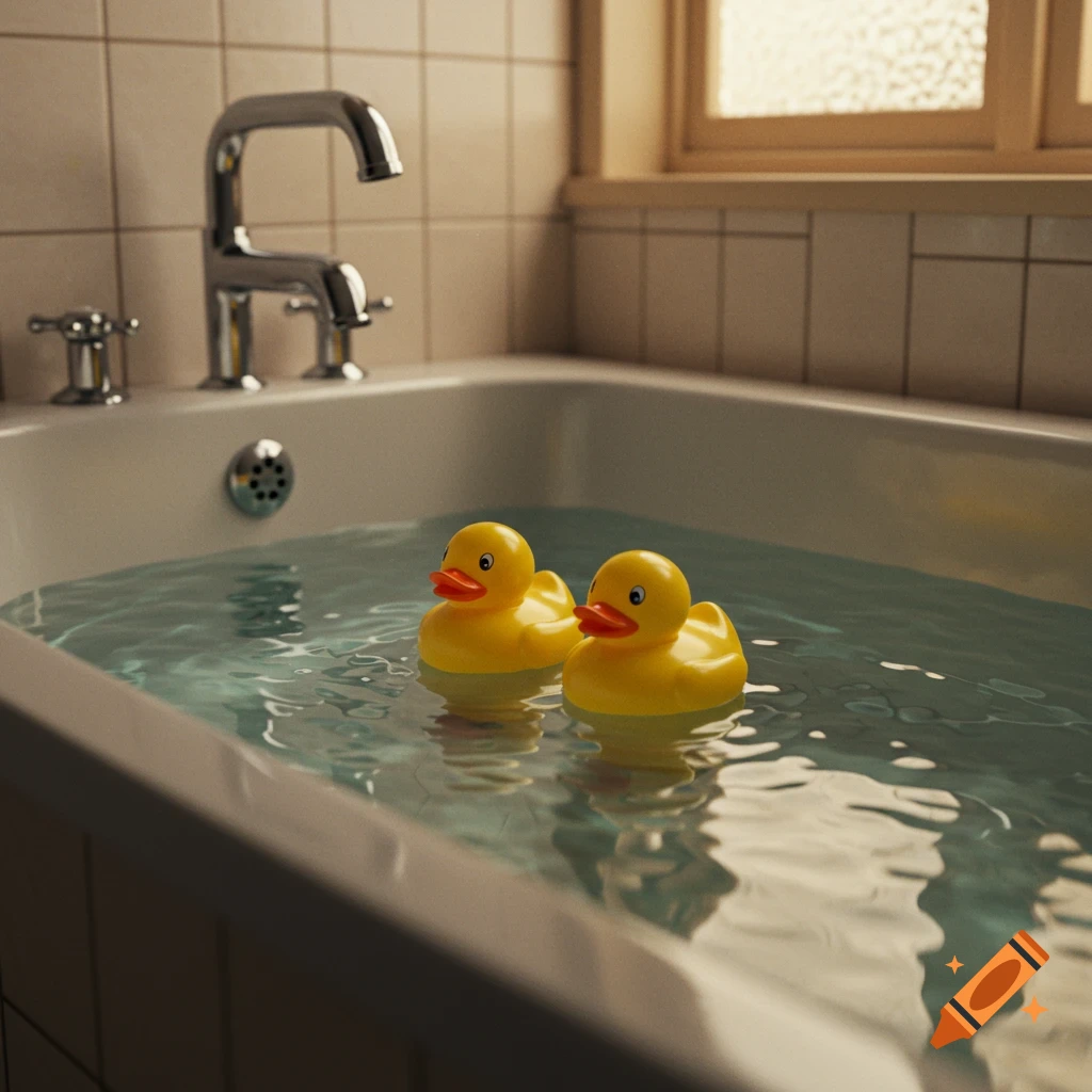 Two yellow rubber ducks float in a realistic bathtub with a chrome ...