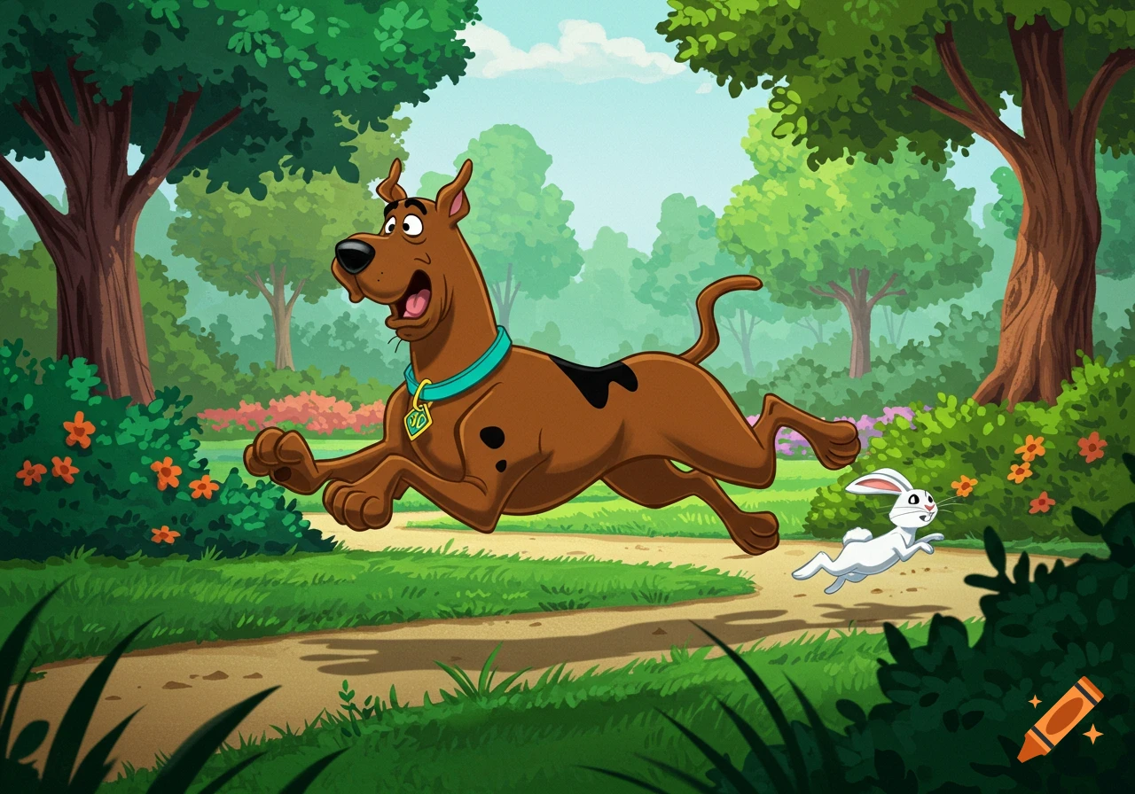 Cartoon Scooby Doo chases a white rabbit through a lush green park. on ...