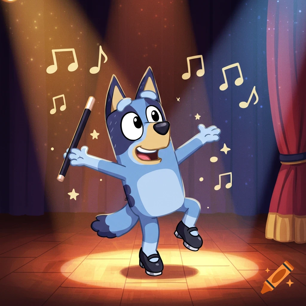 Bluey, the blue dog character, tap dances on a spotlighted stage ...