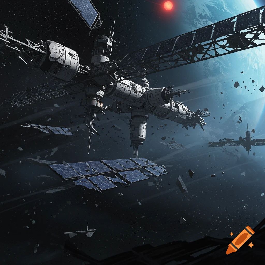 A large, destroyed space station with solar panels and debris orbits a ...