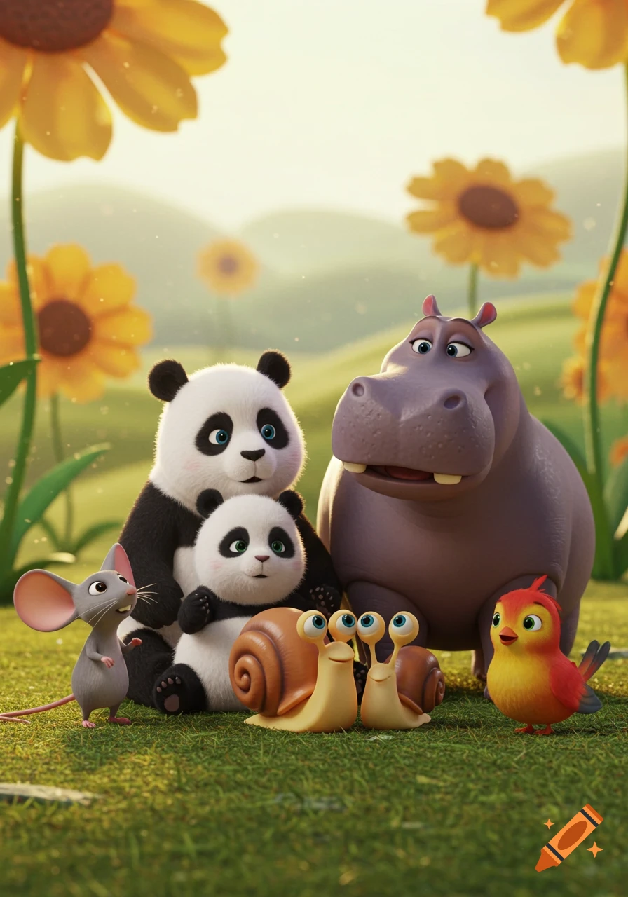 A group of cute, Pixar-style cartoon animals including pandas, a hippo ...