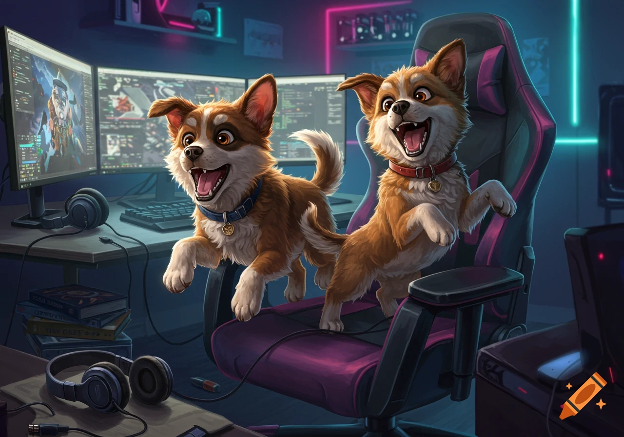 Two excited cartoon dogs jumping on a gaming chair and desk in a neon ...