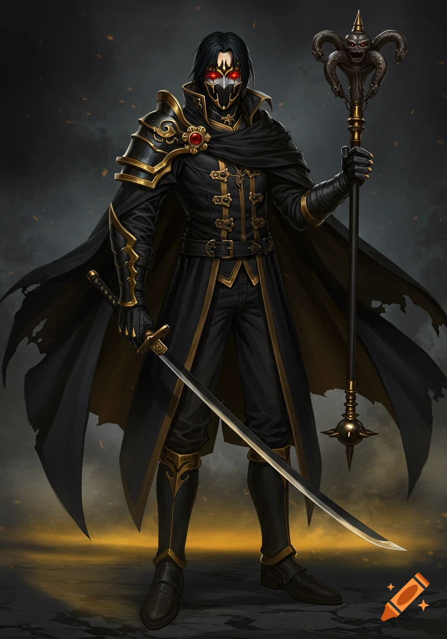 Anime-style dark fantasy warrior in black and gold armor, a mask, and ...