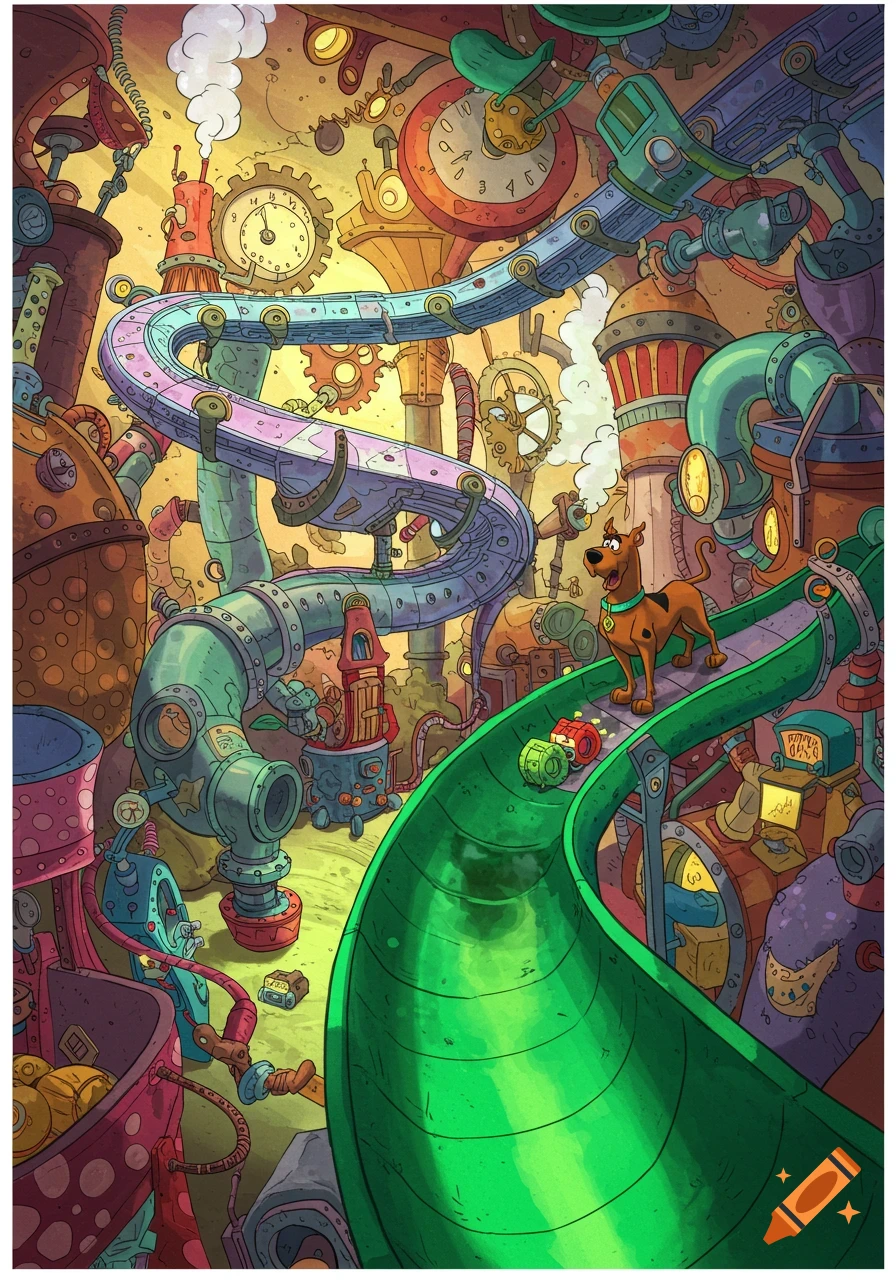 An elaborate, colorful Dr. Seuss-like contraption with pipes, gears ...