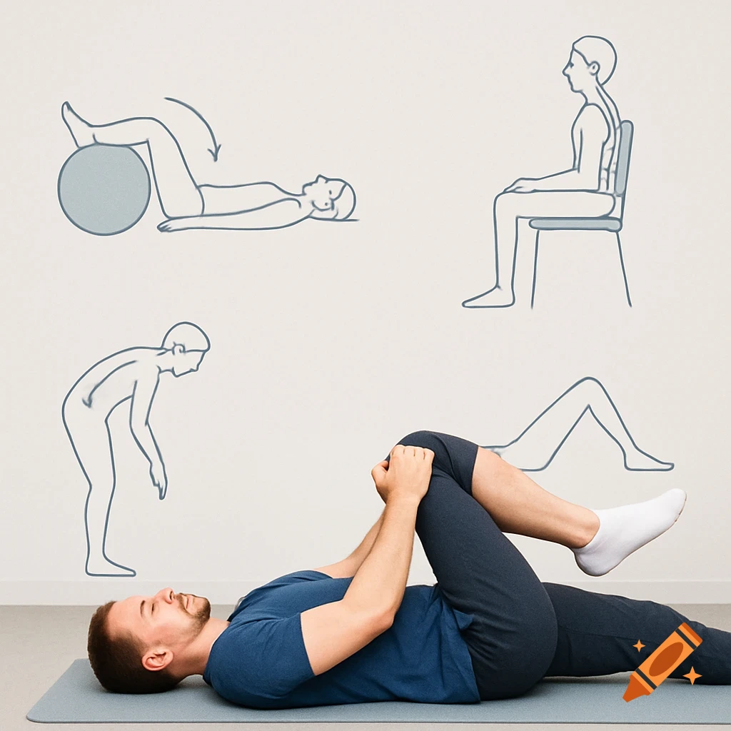 A man on a mat doing a knee-to-chest stretch, alongside line drawings ...