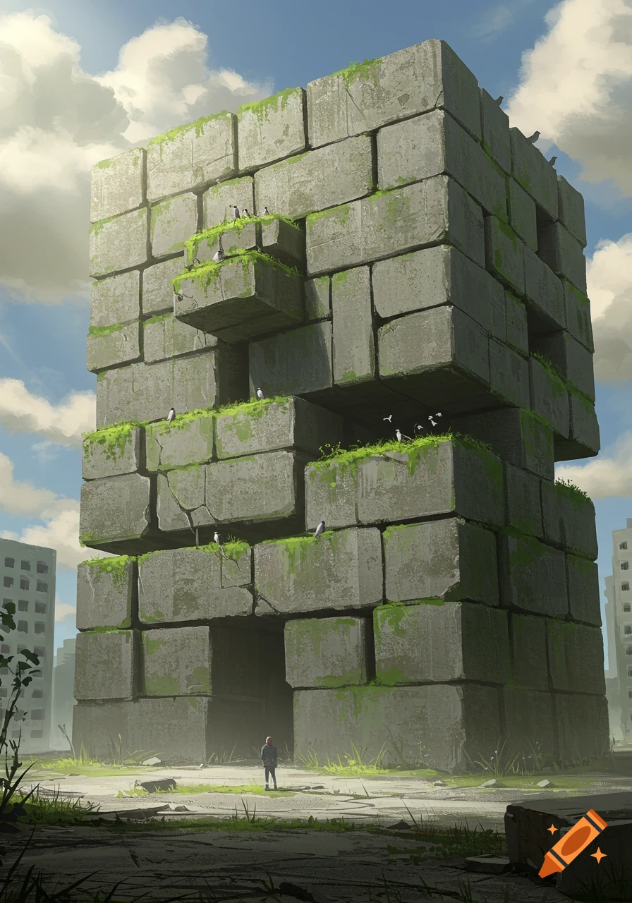 A colossal, moss-covered concrete block structure stands in an ...