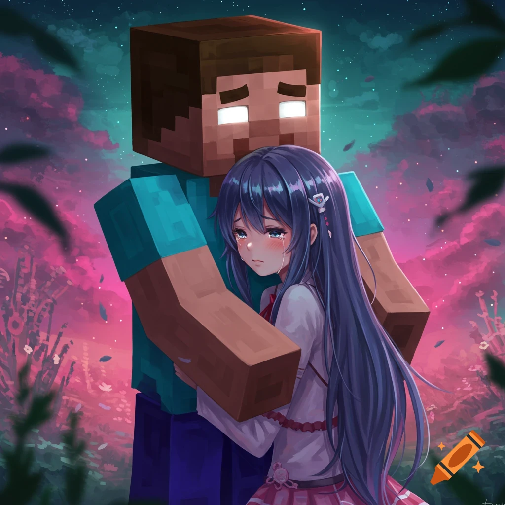 Herobrine from Minecraft gently hugs a crying anime girl with dark hair ...