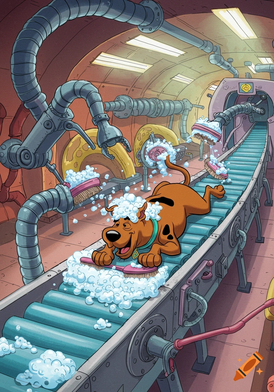 Scooby Doo smiles happily while getting a bubble bath from robotic arms ...