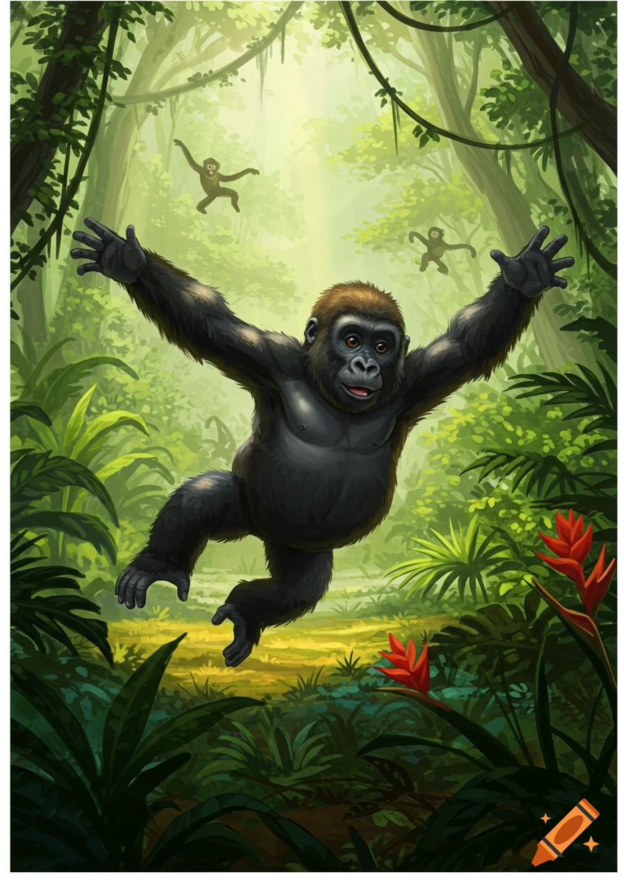 A cartoon gorilla jumps with outstretched arms and legs in a vibrant ...