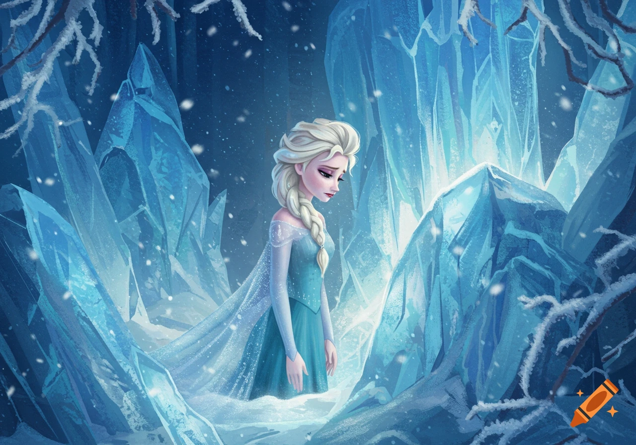 Elsa from Frozen looking sad amidst glowing blue ice crystals and ...