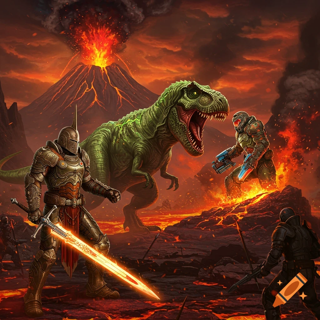 A knight with a glowing sword, a T-Rex, and the Doom Slayer battle in a ...