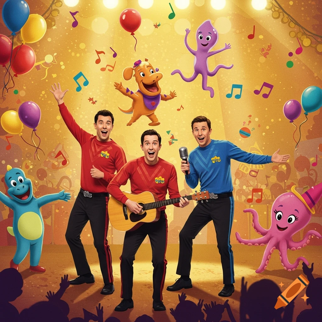 The Wiggles band performs on a golden stage with colorful balloons ...