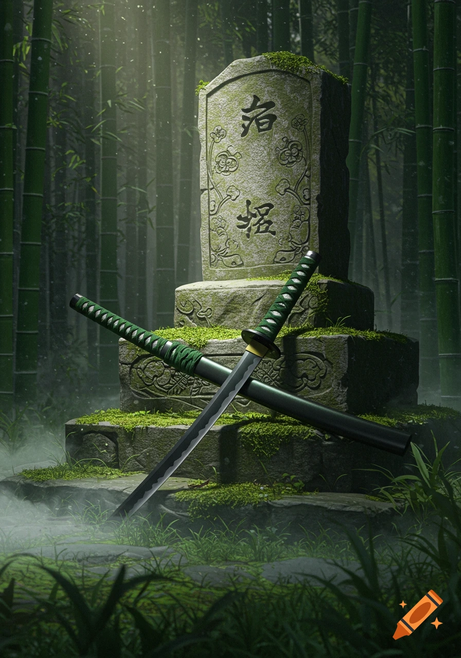 Two katanas with green hilts rest on a mossy stone monument with carved ...