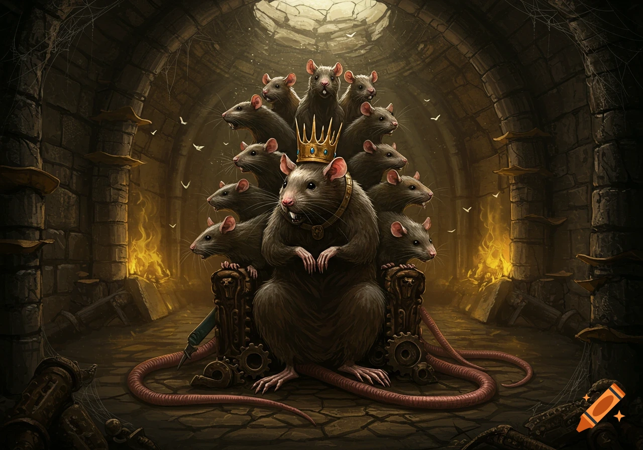 A large rat with a gold crown sits on a throne made of other rats, in a ...