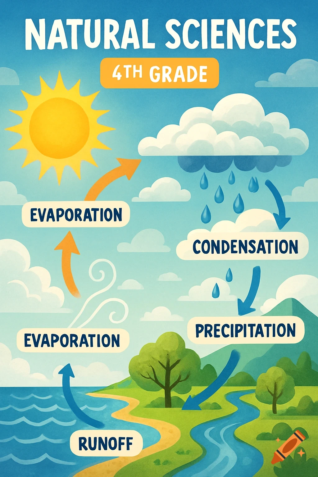 A colorful educational infographic illustrating the water cycle with ...