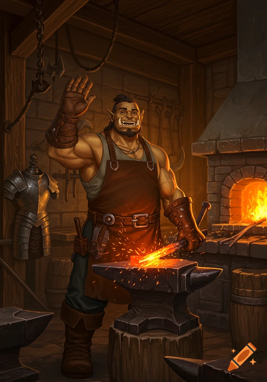 An orc blacksmith in an apron waves while forging metal with sparks ...
