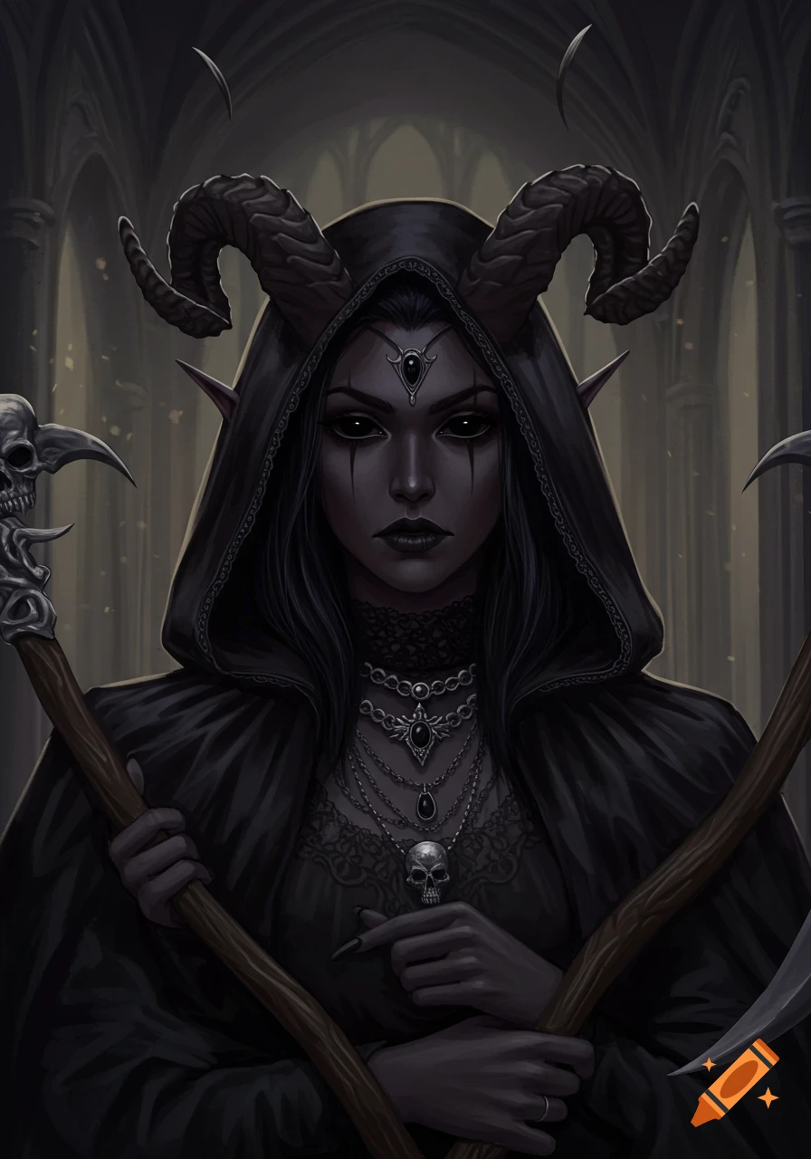 A dark fantasy portrait of a female Tiefling with black skin, horns ...