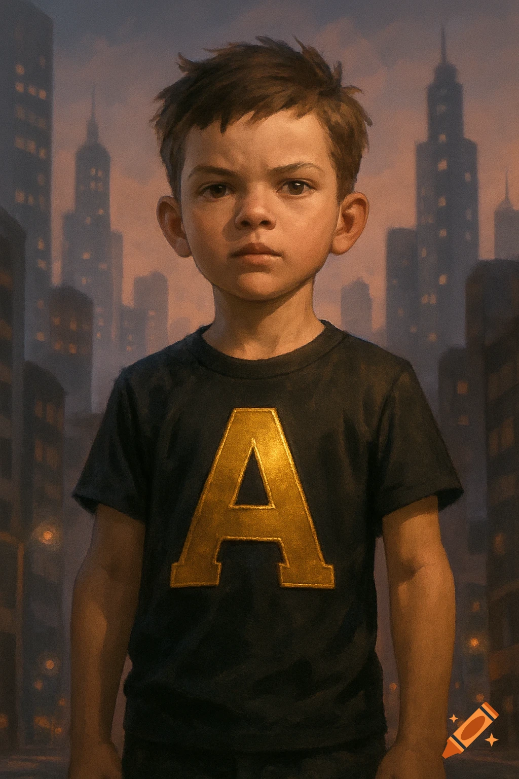 A serious young boy in a black t-shirt with a golden 'A' stands before ...