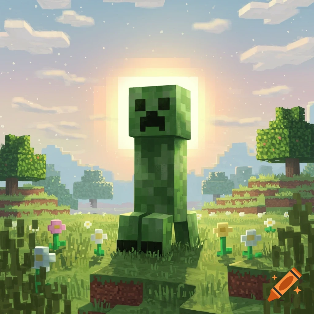 A Minecraft Creeper stands in a vibrant pixelated meadow with trees and ...
