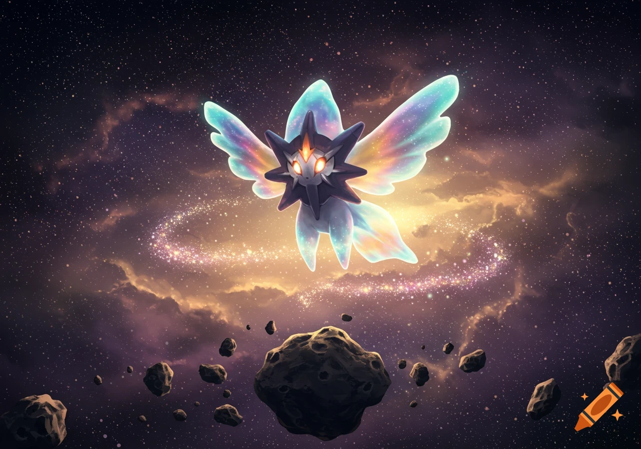 A glowing, star-shaped creature with iridescent wings floats in a ...
