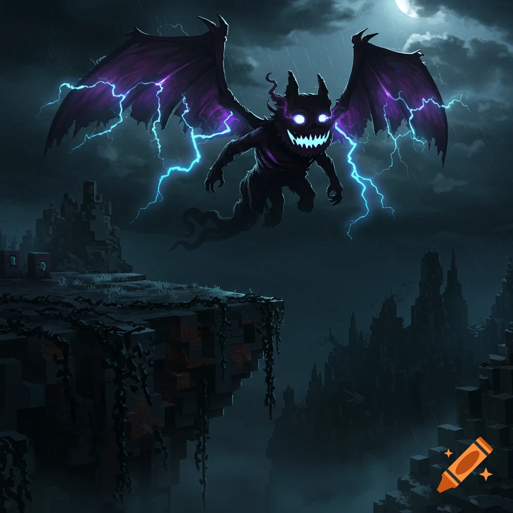 A scary, dark, winged Minecraft-style monster with glowing purple eyes ...