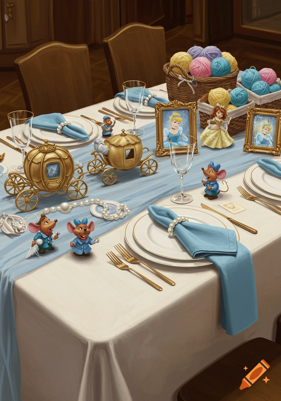 A beautifully set table with Cinderella-themed decorations, including ...
