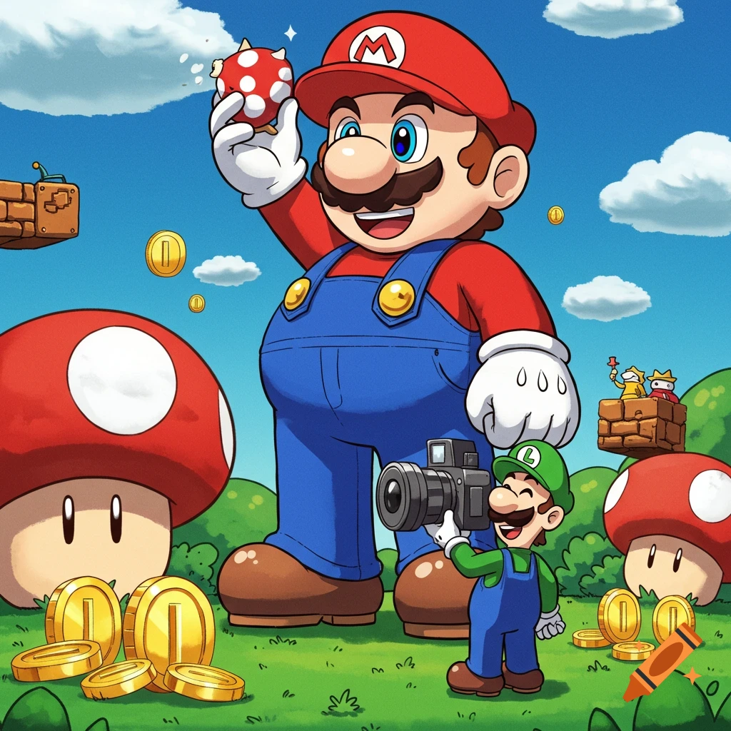 Giant Mario holds a spiny creature as smaller Luigi takes a photo with ...